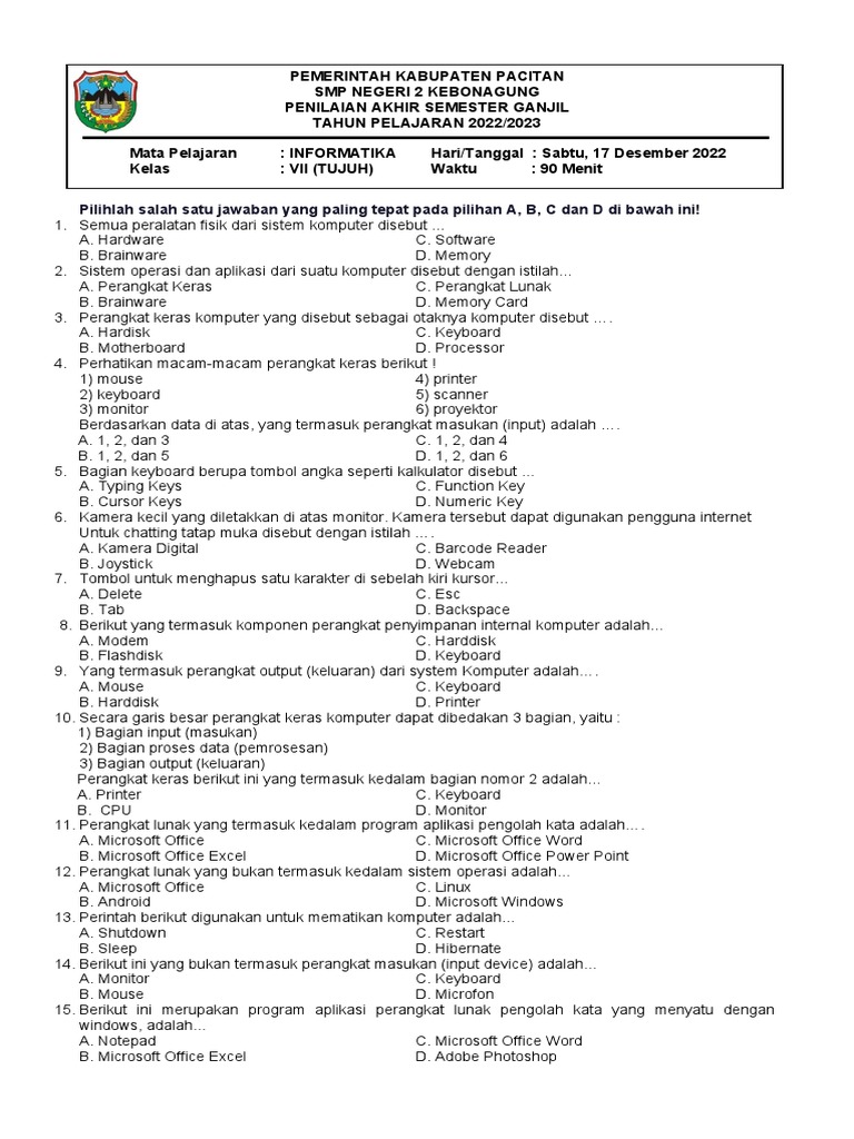 Soal Pas Informatika Kelas 7 Ganjil 2022 | PDF