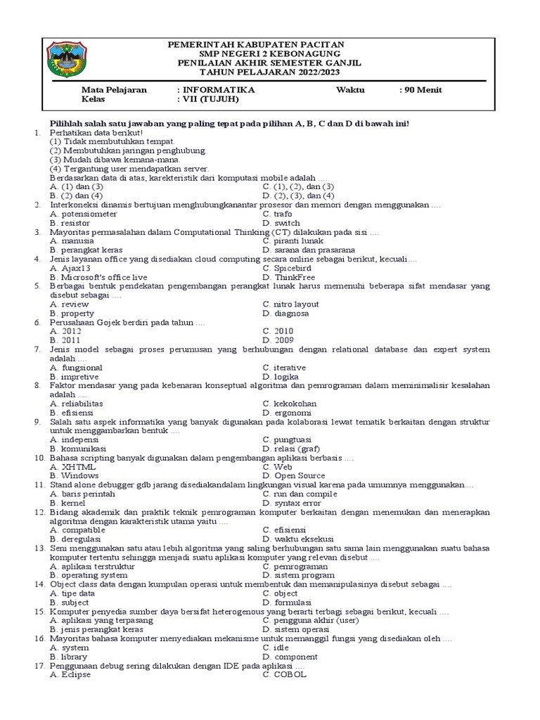 Soal Pas Informatika Kelas 7 Ganjil 2022 | PDF | Seni | Komputer