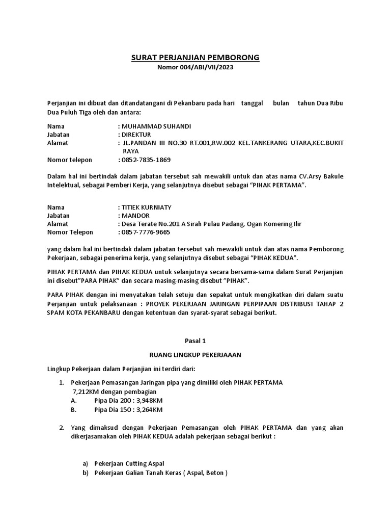 SURAT PERJANJIAN PEMBORONG | PDF