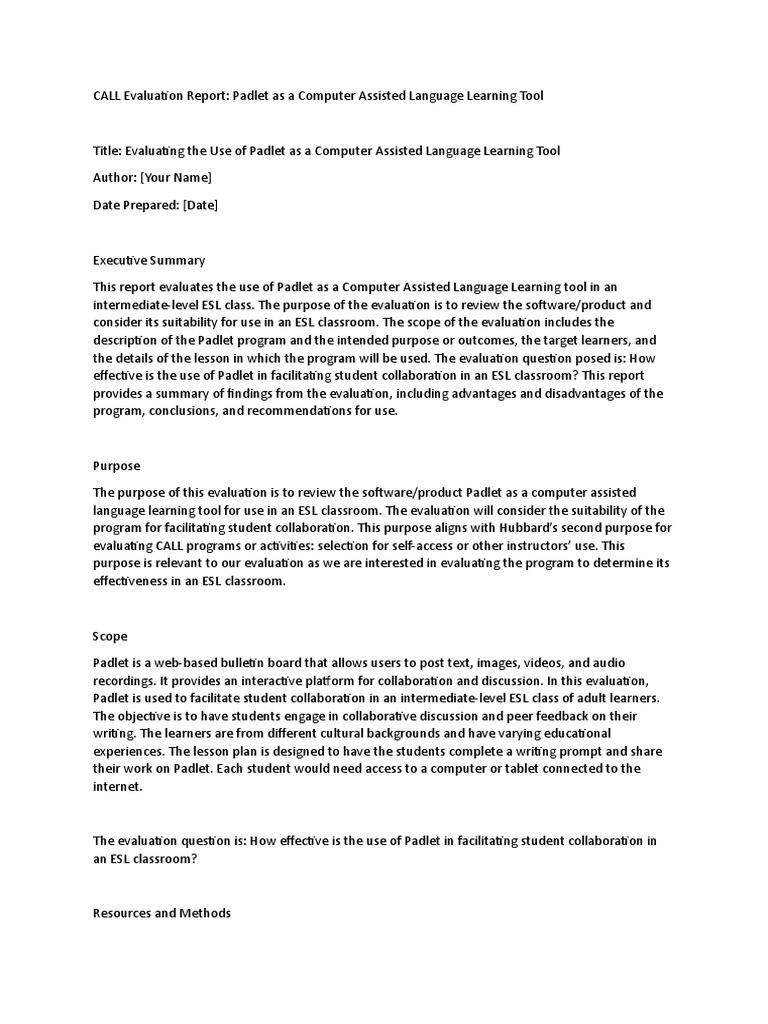 CALL Evaluation Report Draft | PDF | English As A Second Or Foreign ...