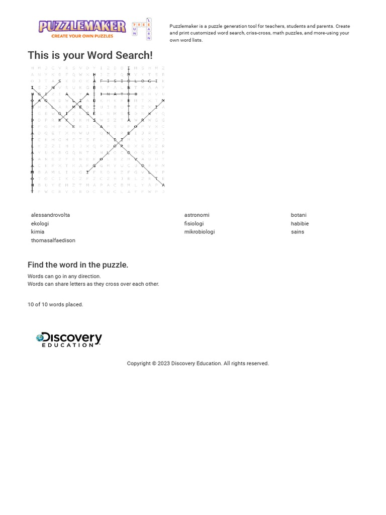 Word Search Puzzle - Discovery Education Puzzlemaker | PDF