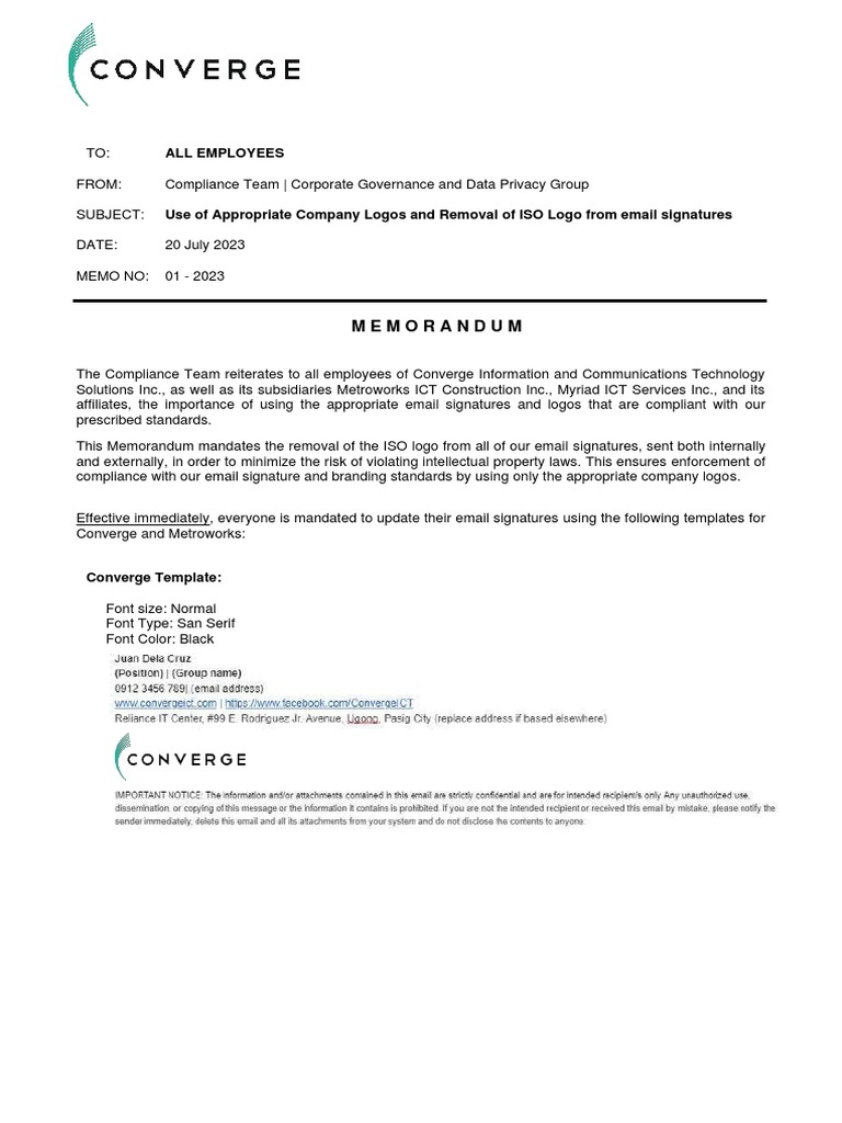 MEMORANDUM - Proper Email Signatures and Removal of ISO Logo | PDF ...