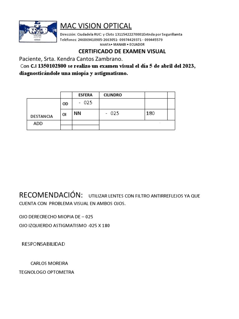Ficha Optométrica de Kendra Cantos | PDF | Ciencia y matemáticas ...