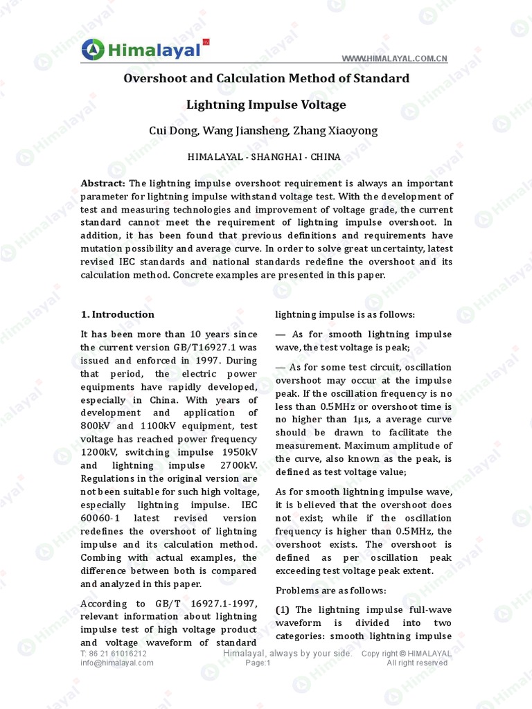Overshoot and Calculation Method of Standard Lightning Impulse Voltage ...