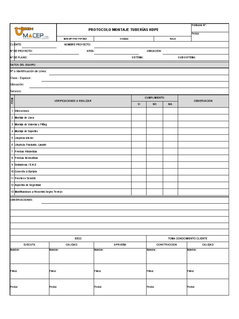 Macep-Pro-Pip-003. Protocolo Montaje Tuberías Hdpe | PDF