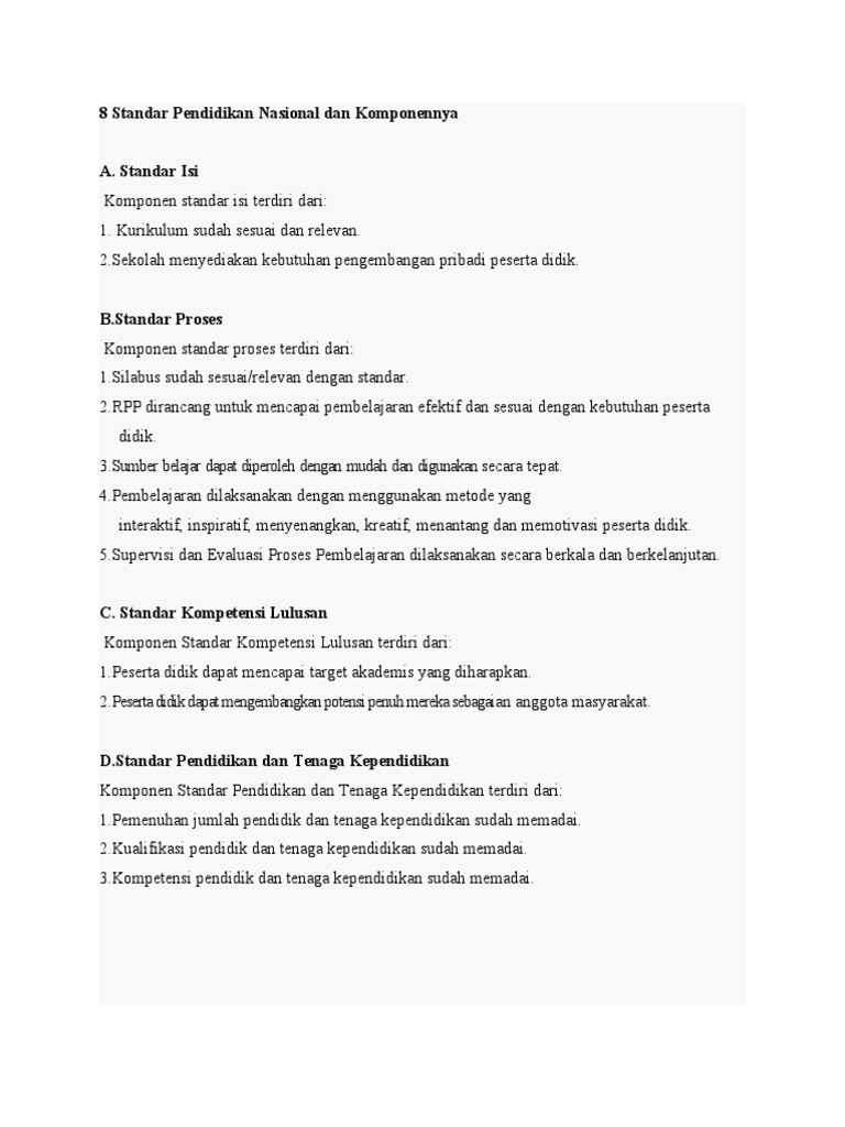 8 Standar Pendidikan Nasional Dan Komponennya | PDF