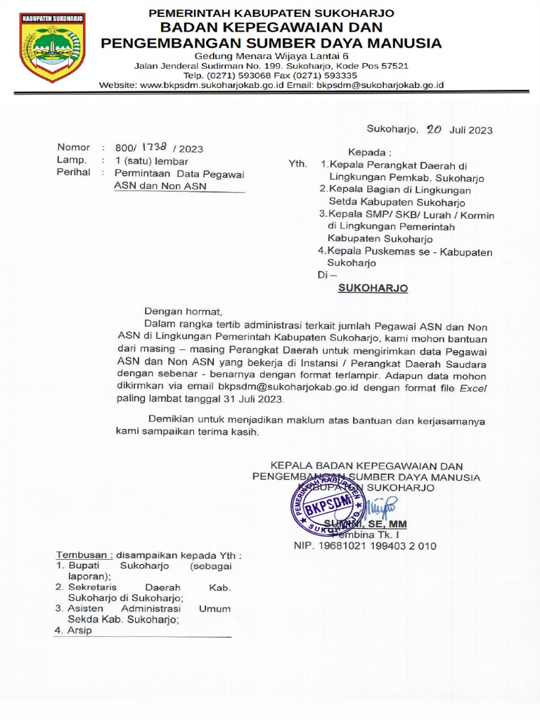 Surat Permintaan Data Pegawai ASN Dan Non ASN-1 | PDF