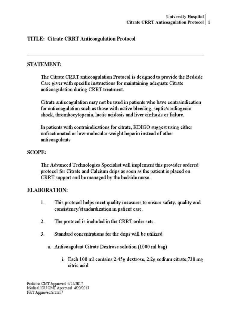 Citrate Anticoagulation for CRRT Protocol | PDF | Intensive Care ...