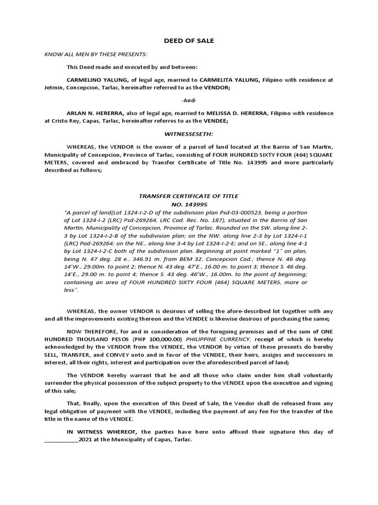 Deed of Sale Lupa | PDF | Property Law | Civil Law (Common Law)