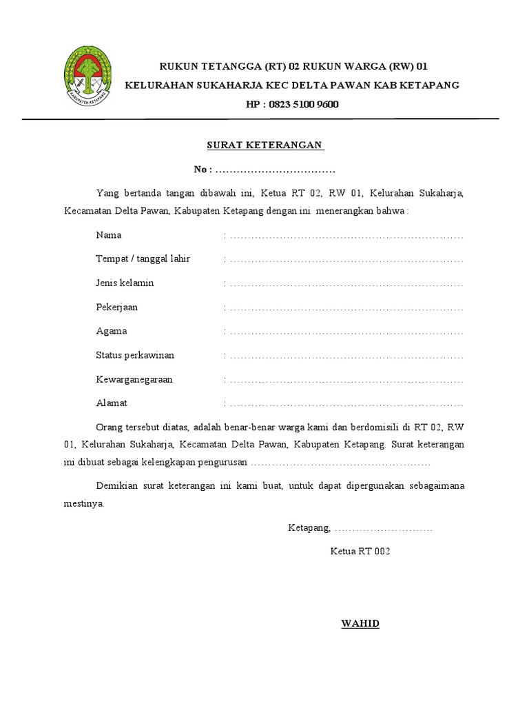 Form Surat Keterangan RT 02 | PDF