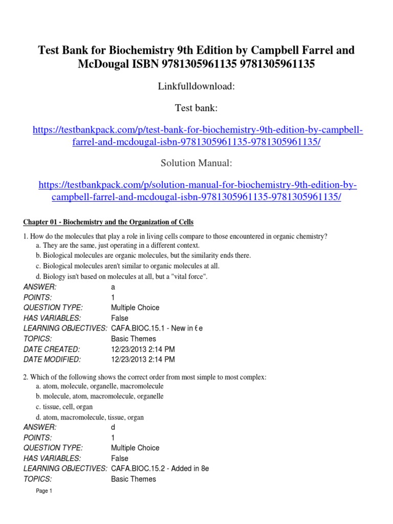 Biochemistry 9th Edition by Campbell Farrel and McDougal ISBN Test Bank ...