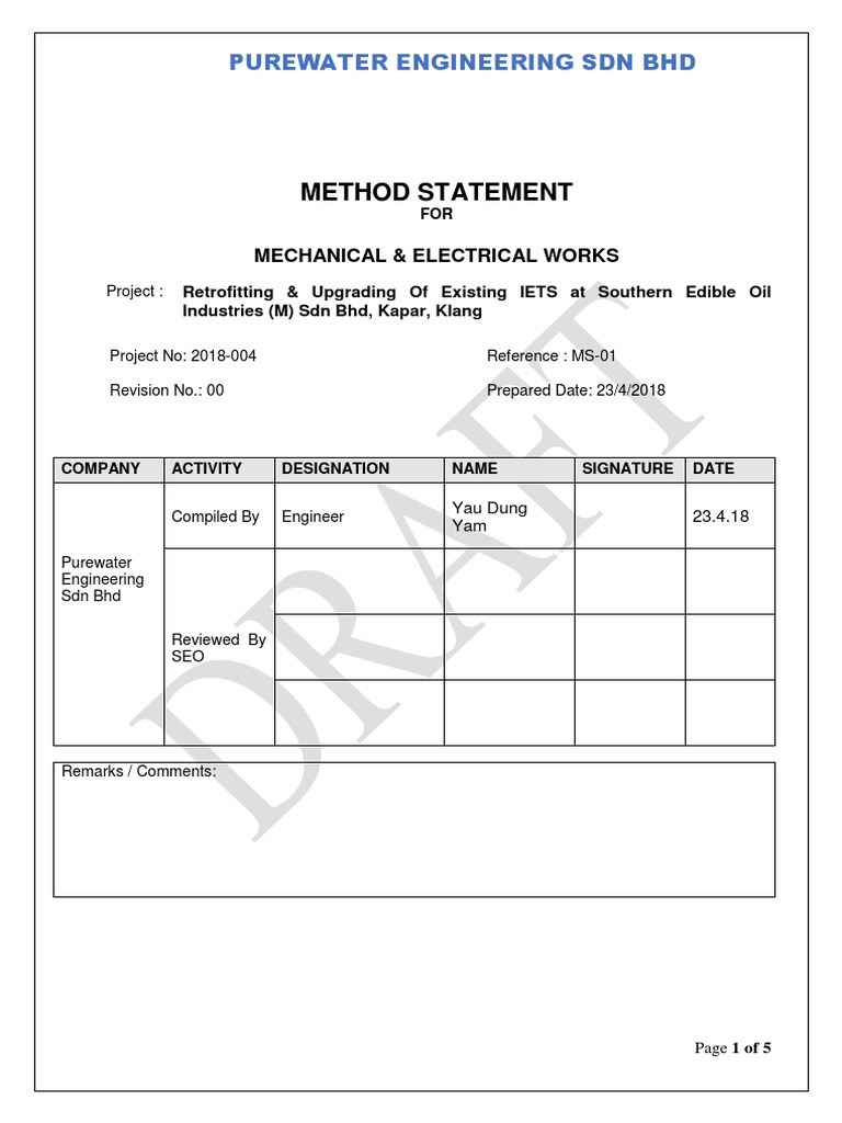 Method Statement for Mechanical & Electrical Works | PDF | Sewage ...