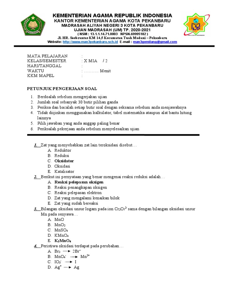 Soal Semester 2 Kimia Kelas 1 | PDF | Sains & Matematika