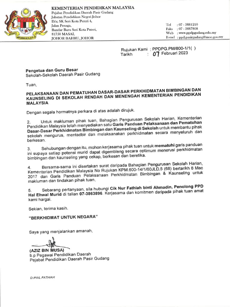 Surat Pematuhan Dasar Perkhidmatan Bimbingan Kaunseling | PDF