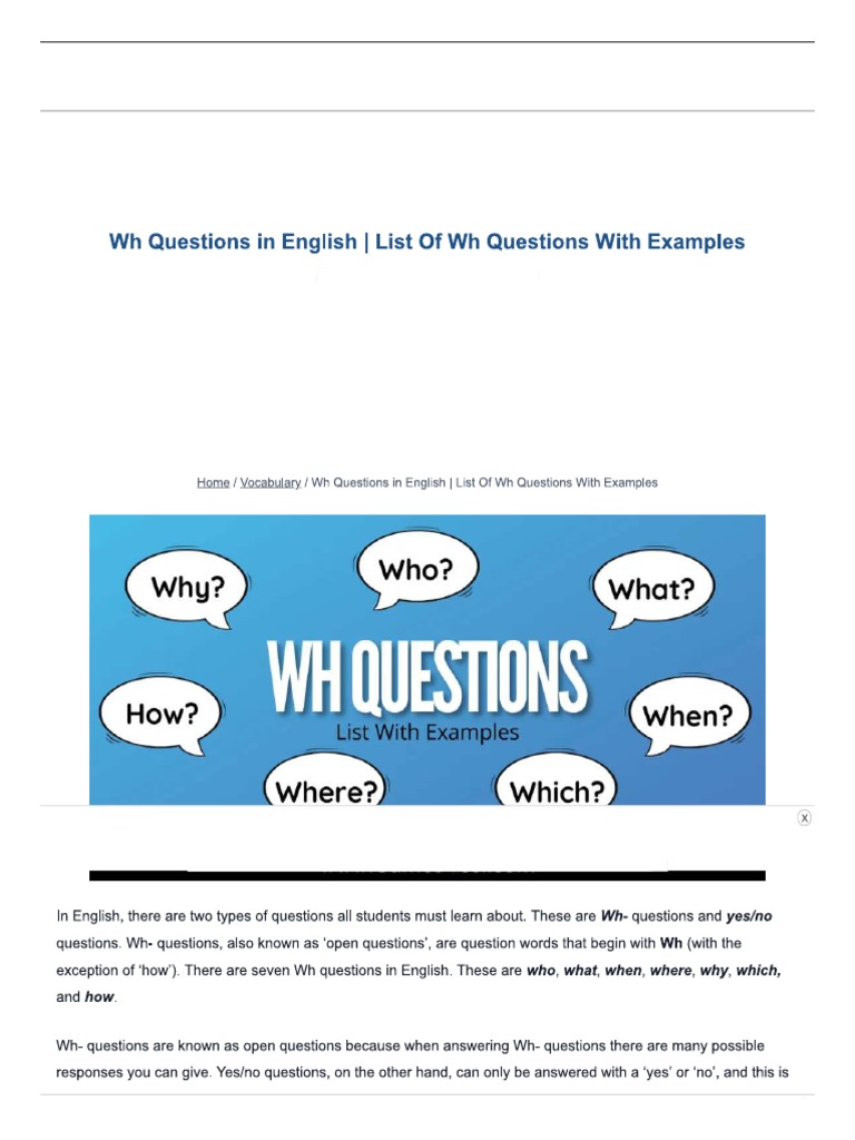 WH Questions in English - List of WH Questions With Examples - Games4esl | PDF