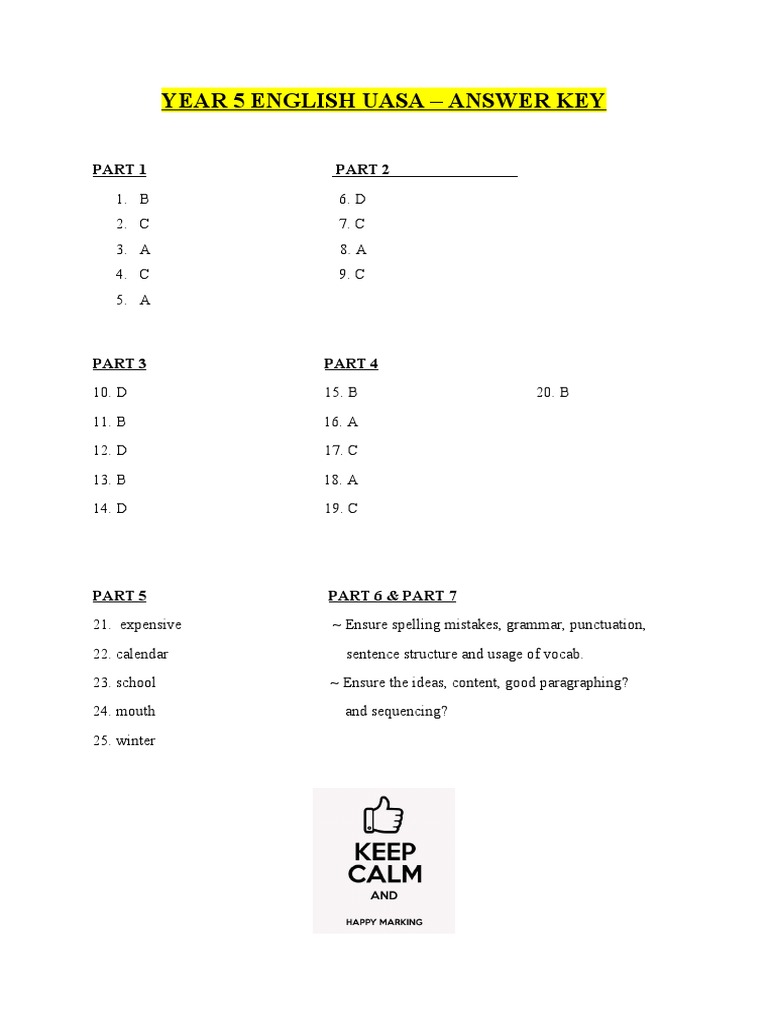 Year 5 English UASA - Answer Key | PDF