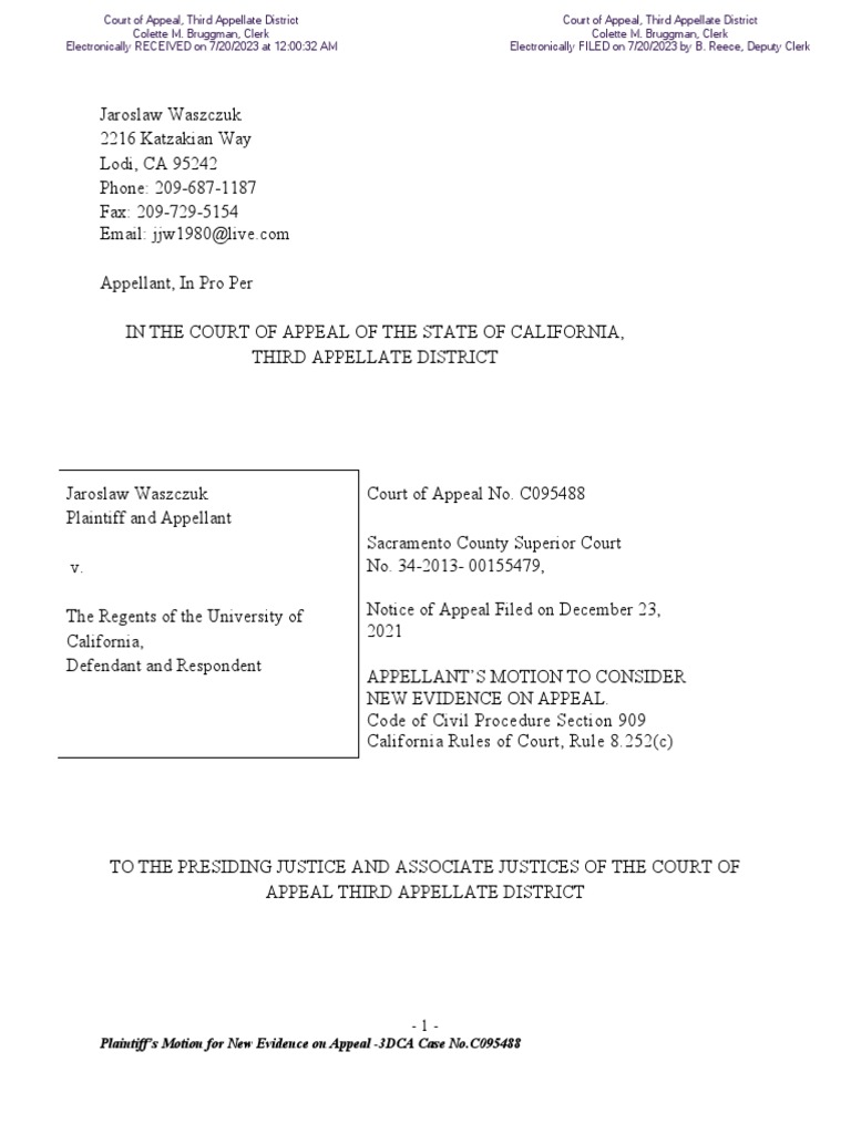 7-20-2023 - 3DCA - C095488 - Waszczuk v. The Regents - Motion For New Evidence On Appeal | PDF ...