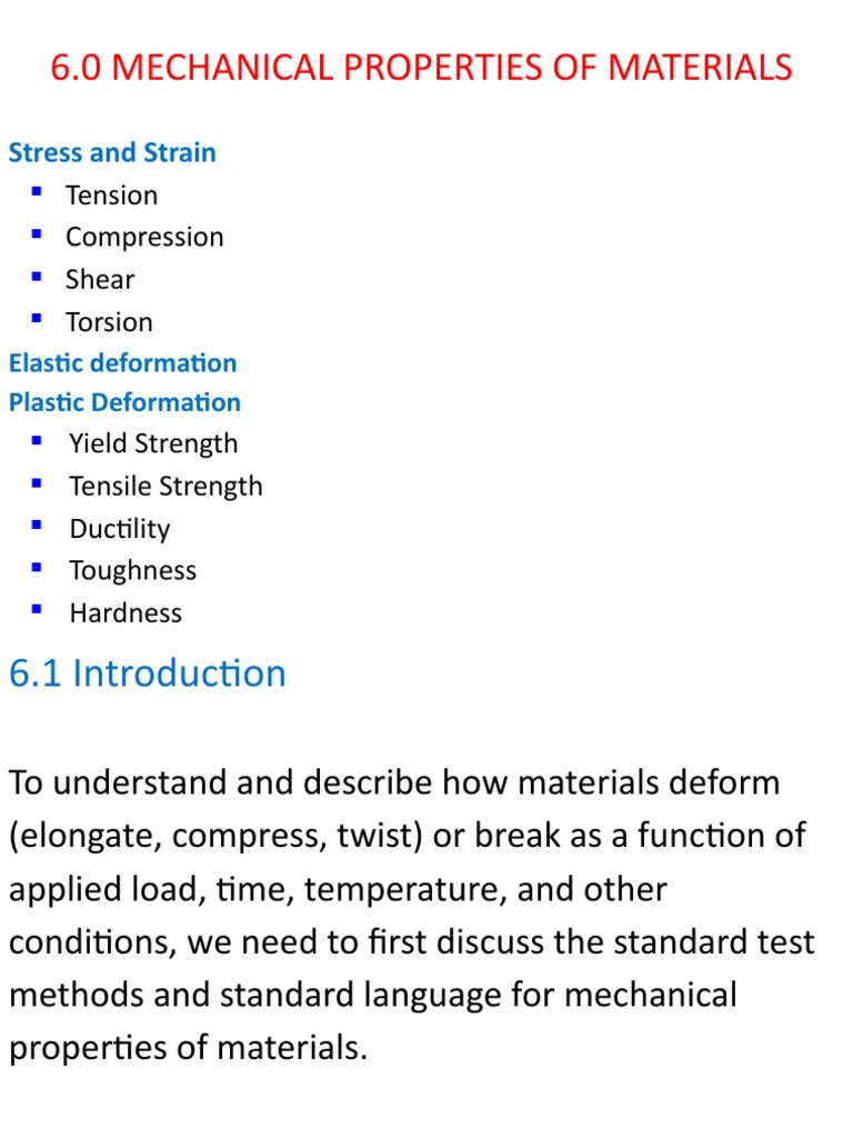 6.0 Mechanical Properties of Materials: Tension Compression Shear Torsion | PDF | Deformation ...