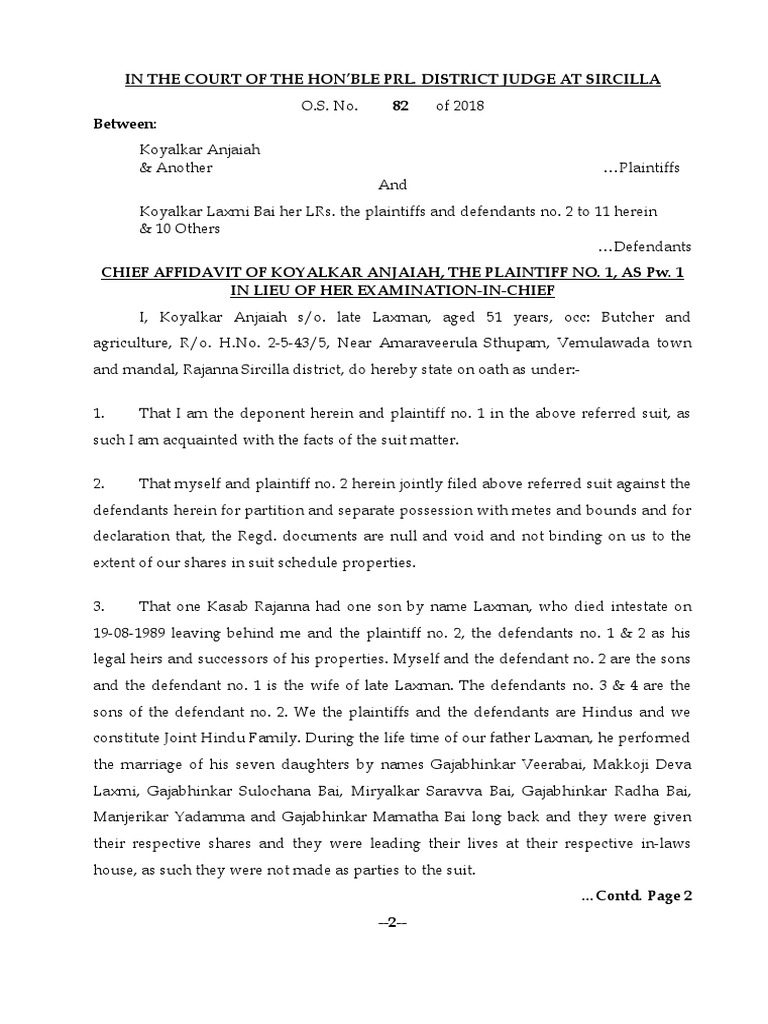 Chief Affidavit of Koyalkar Anjaiah (Plaintiff) As Pw.1 | PDF | Lawsuit ...