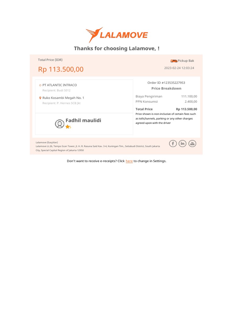 Lalamove Invoice and Price Breakdown | PDF