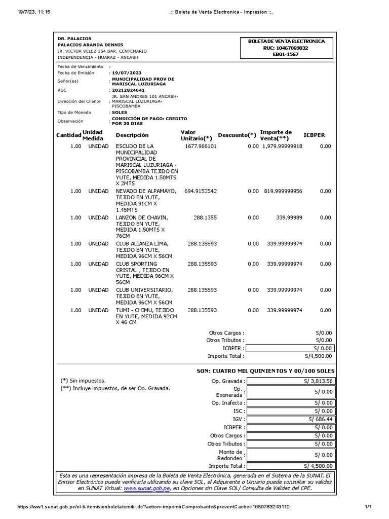 Boleta de Venta Electronica - Impresion - PISCOBAMBA | PDF