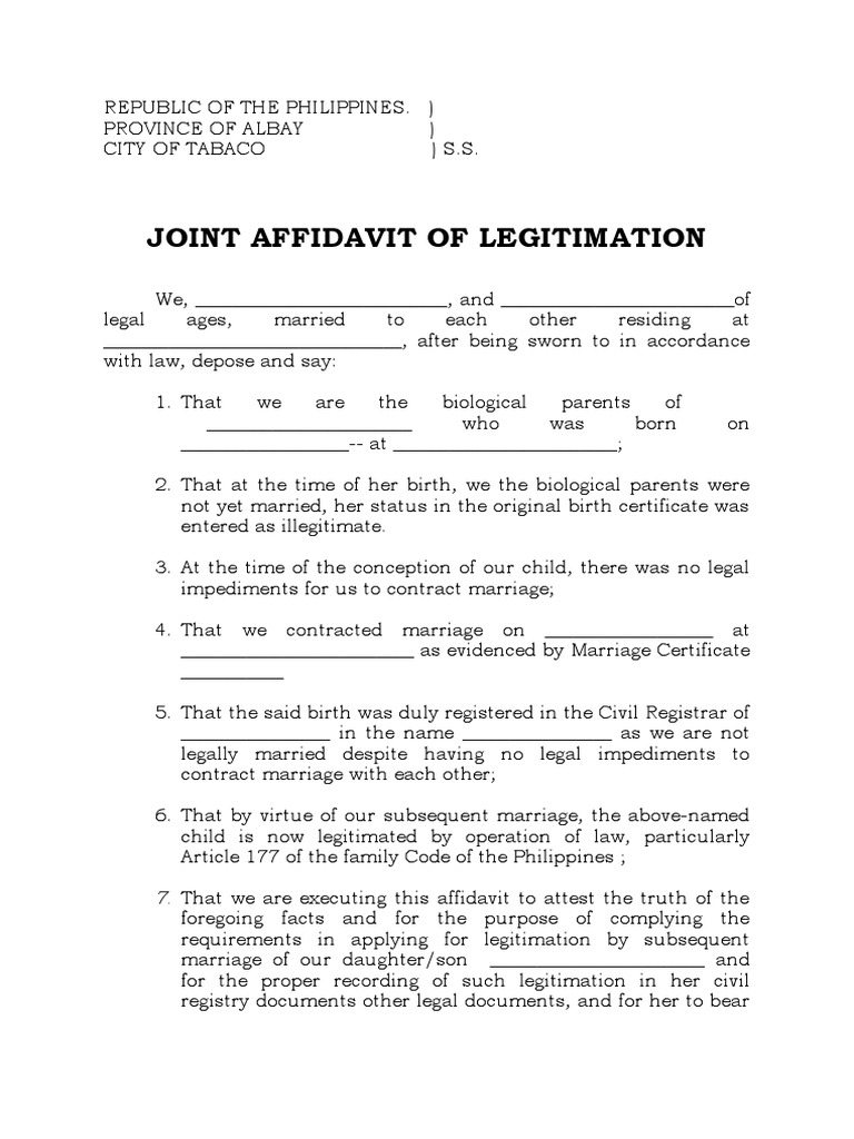 Joint Affidavit of Legitimation Sample | PDF | Affidavit | Kinship And ...