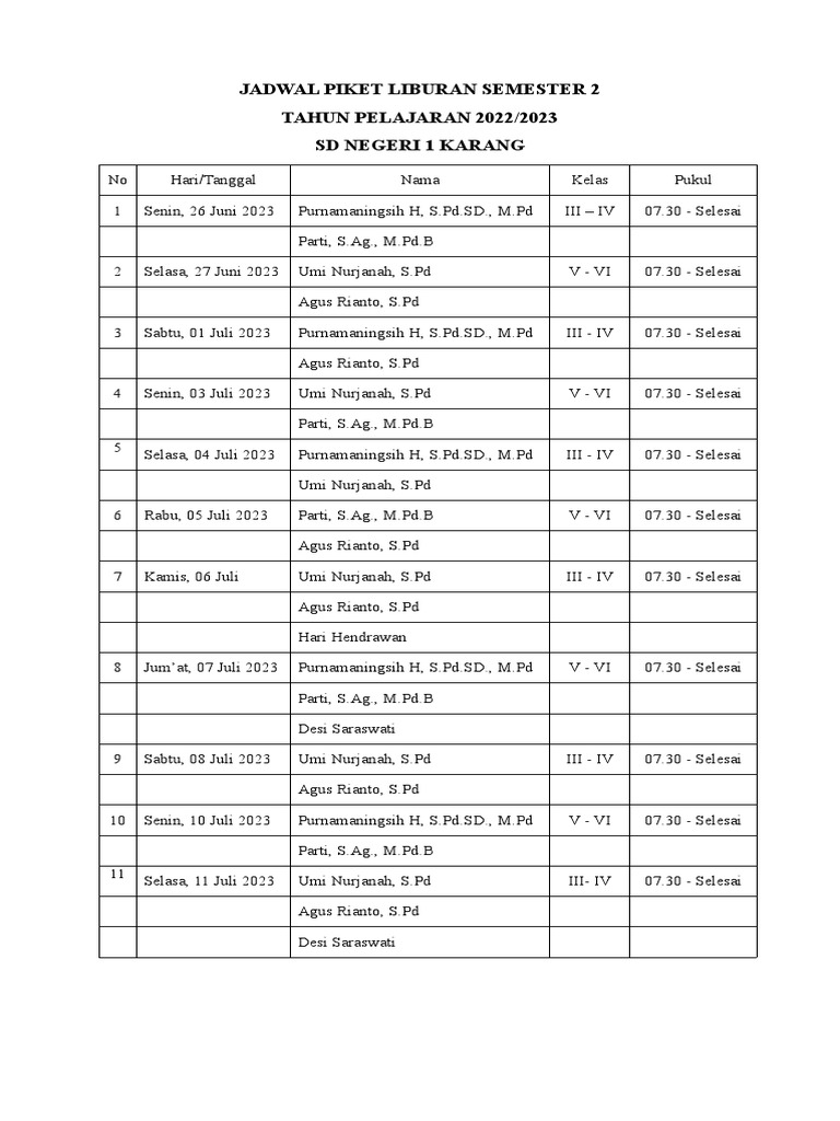 Jadwal Piket Liburan Semester 2 | PDF