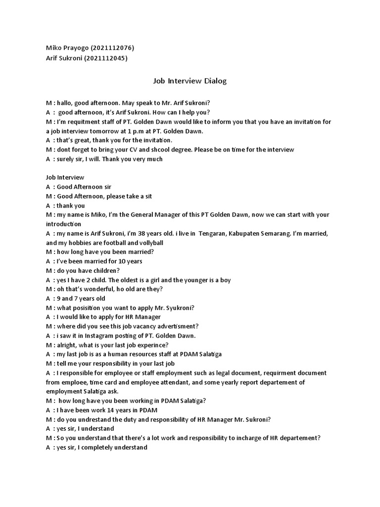 Job Interview Dialog | PDF | Employment