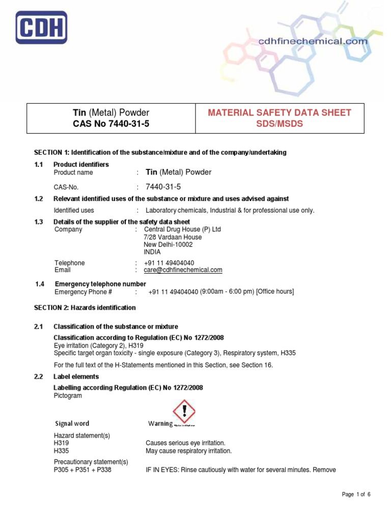51 - 19266410 - Tin (Metal) Powder CASNO 7440 31 5 MSDS | PDF | Physical Sciences | Occupational ...