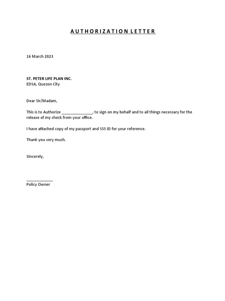 Authorization Letter: St. Peter Life Plan Inc | PDF