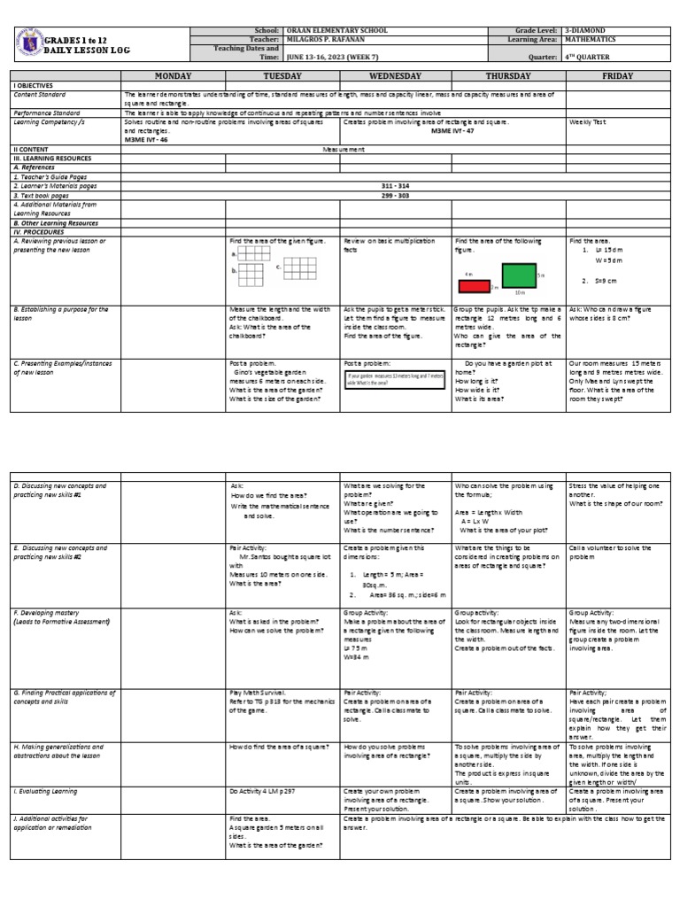 DLL - Mathematics 3 - Q4 - W7 | PDF | Area | Length