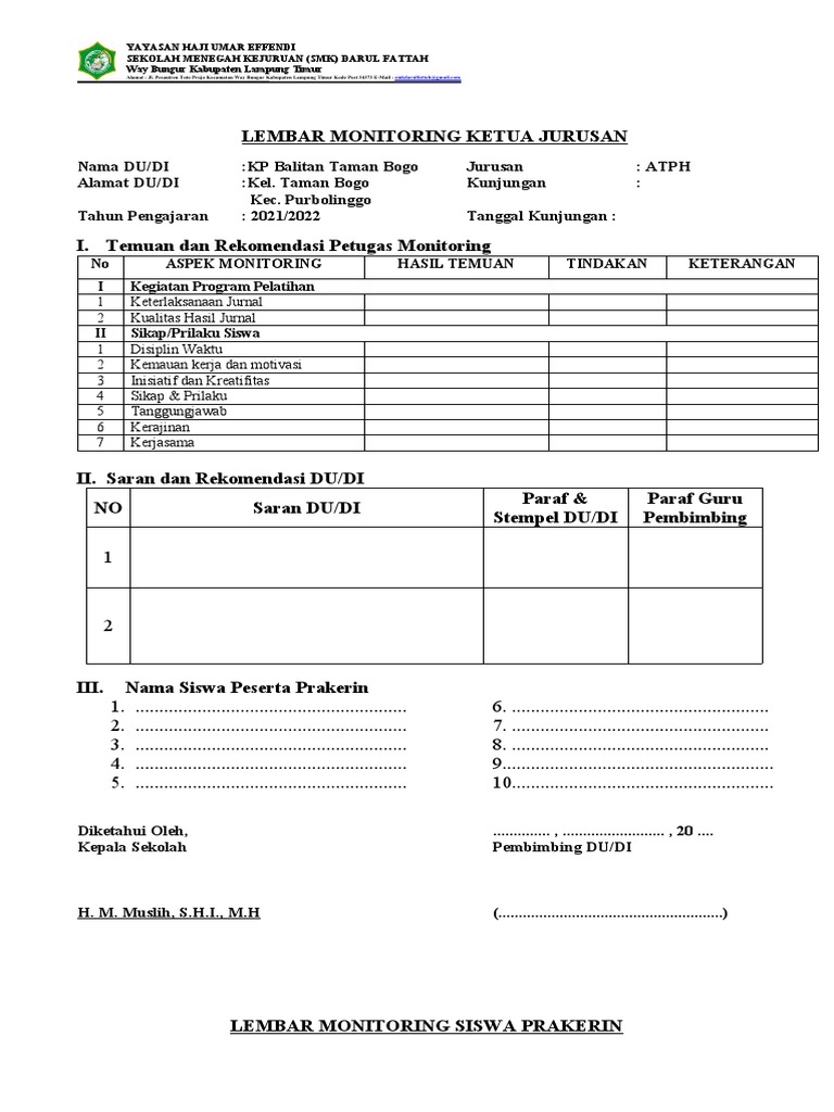 Lembar Monitoring Siswa Prakerin | PDF