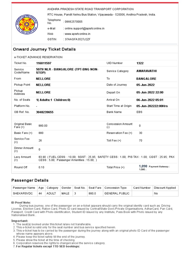APSRTC Bus Ticket Details | PDF | Identity Document | Payments
