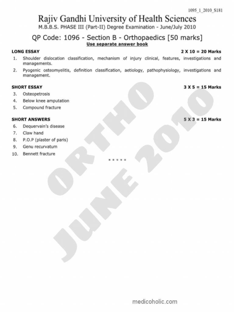 4th Year MBBS Question Papers RGUHS Orthopaedics | PDF