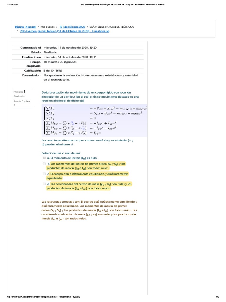 2do Exámen Parcial Teórico (14 de Octubre de 2020) - Cuestionario ...