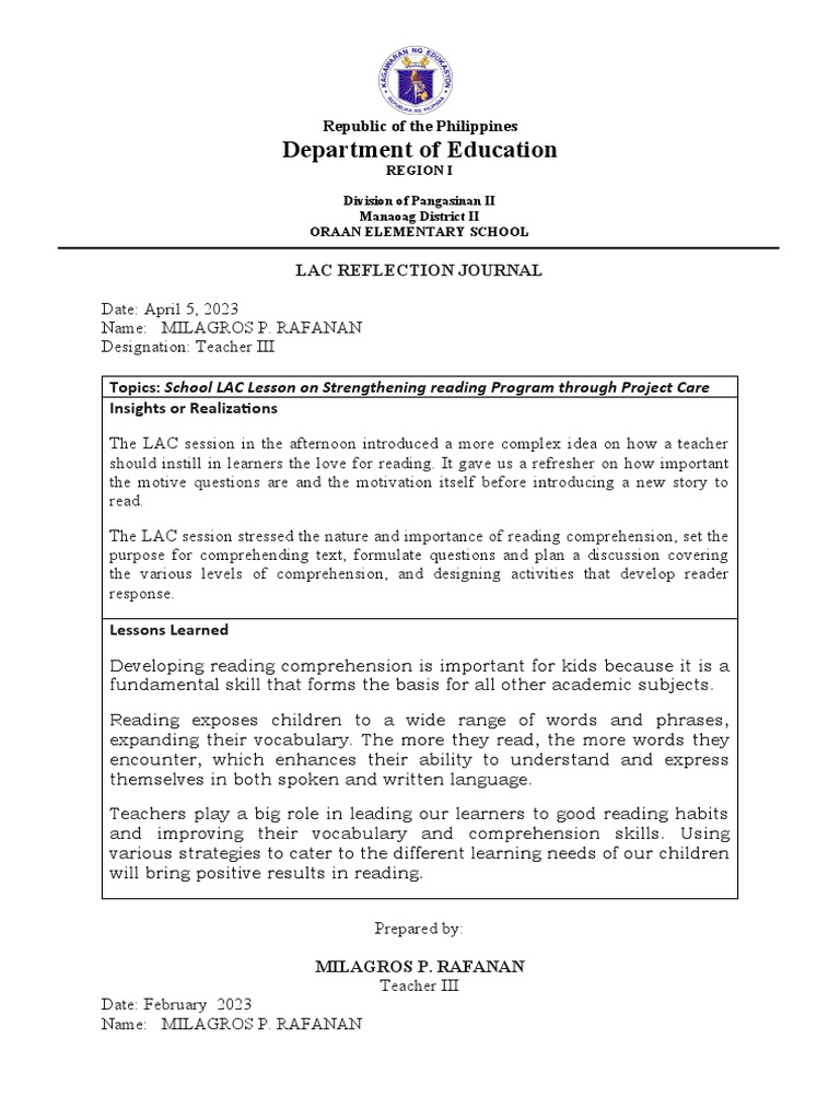 Lac Reflection Journal | Download Free PDF | Reading Comprehension ...