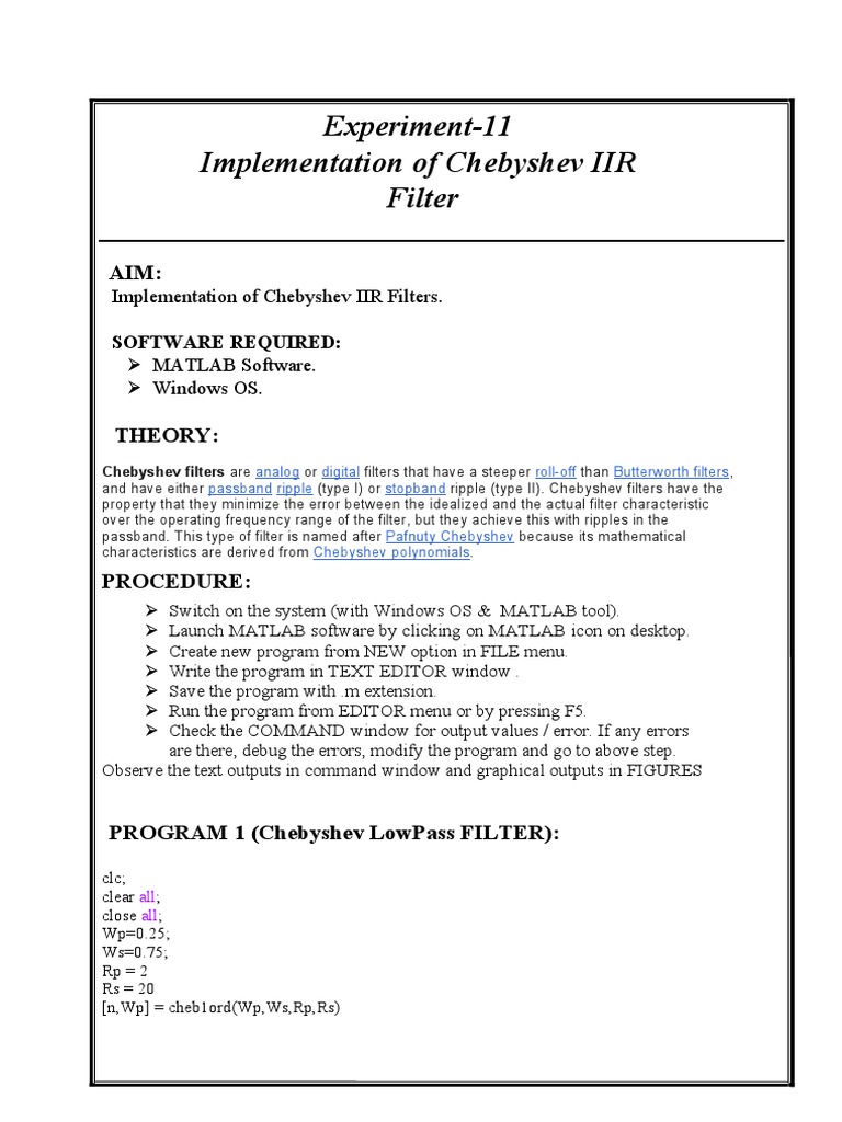 10.chebyshev Filter | PDF | Signal Processing | Telecommunications Engineering