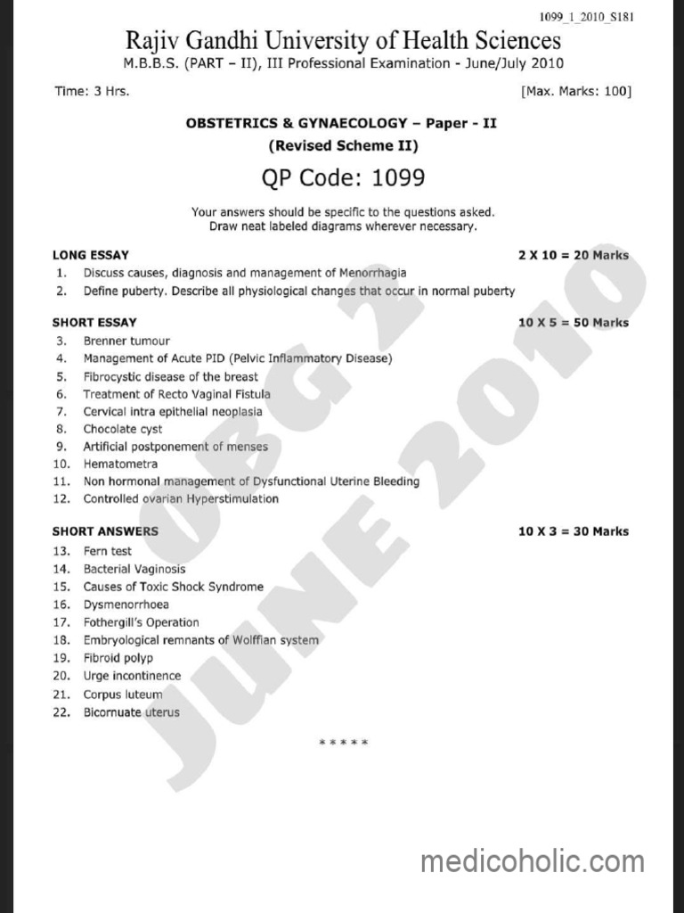 4th Year MBBS Question Papers RGUHS Obstetrics and Gynaecology OBG ...