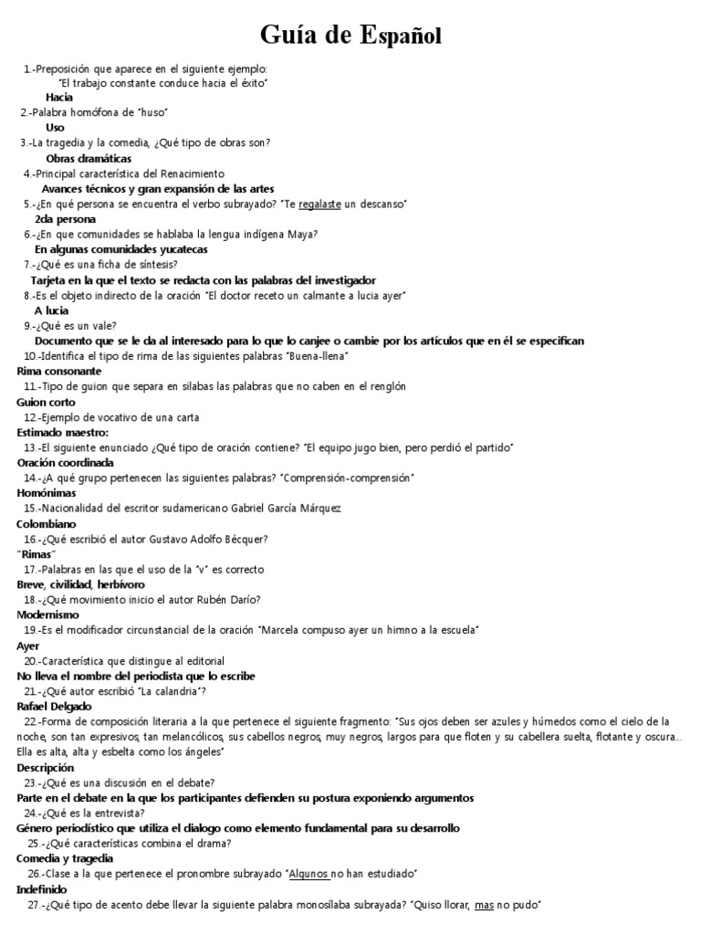 Guia Especial Español | PDF | Oración (Lingüística) | Lingüística