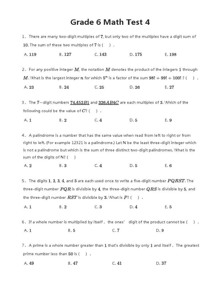 Grade 6 Math Test 4 | Download Free PDF | Numbers | Mathematics
