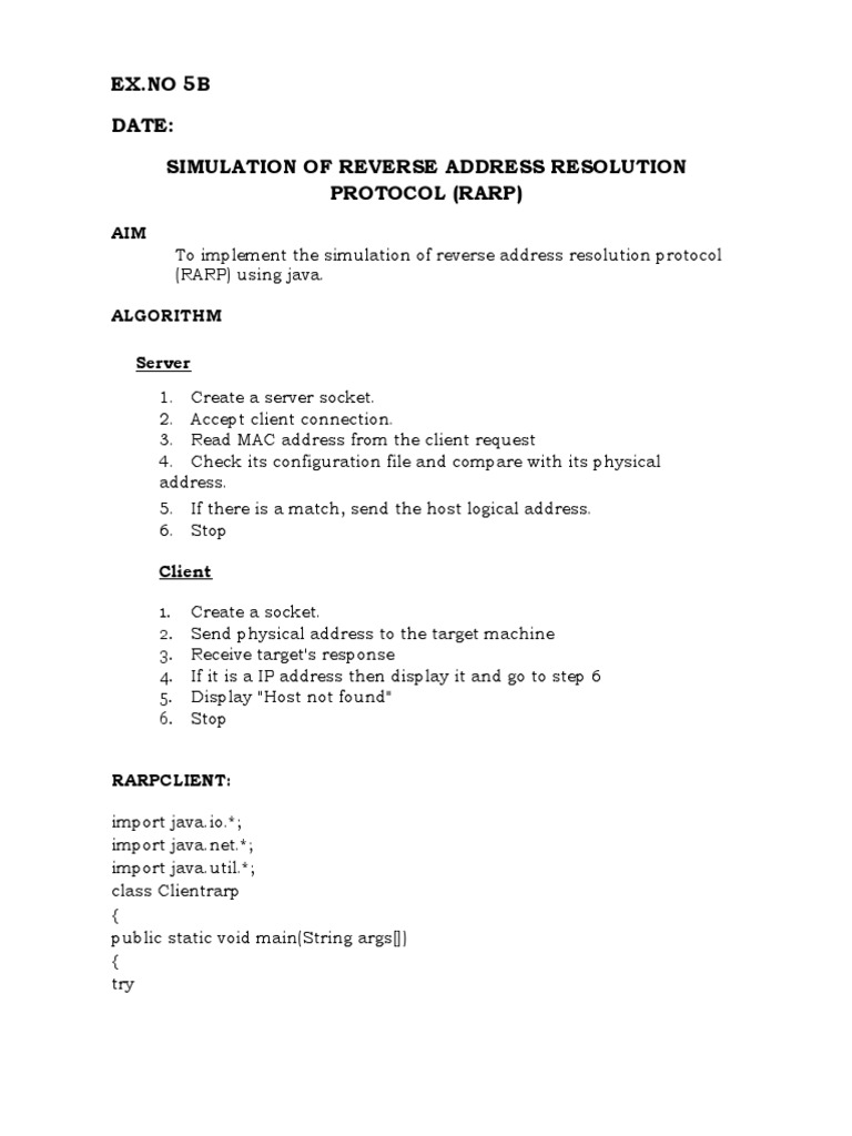 5b Simulation Of Rarp Protocol Pdf String Computer Science Network Socket