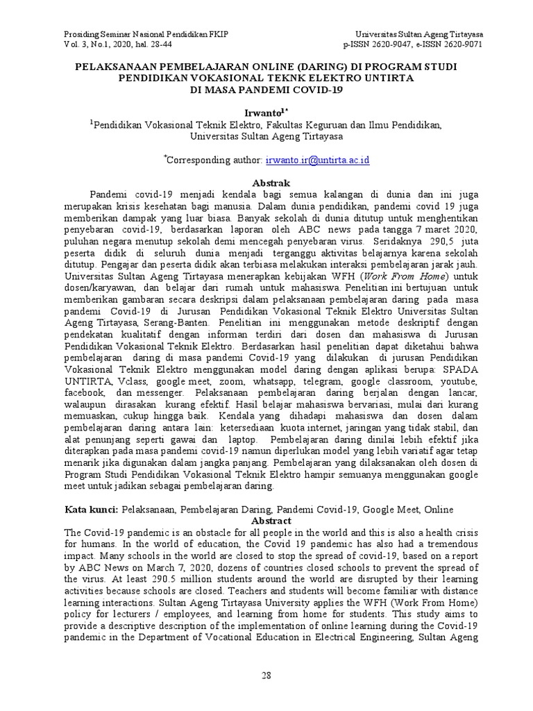 Pelaksanaan Pembelajaran Online (Daring) Di Prodi Pendidikan Vokasional Teknik Elektro Dimasa ...