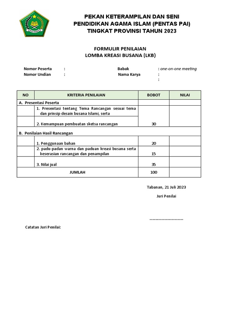Formulir Penilaian LKB Pai 2023 | PDF
