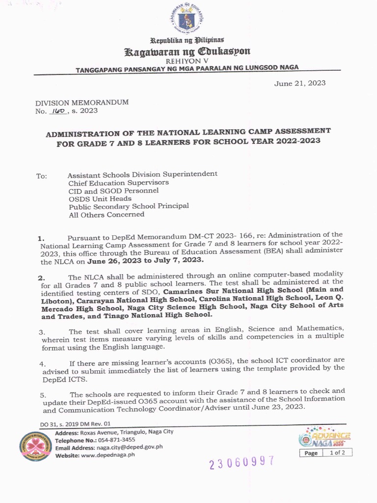 DM No. 160, S. 2023 Administration of The National Learning Camp ...
