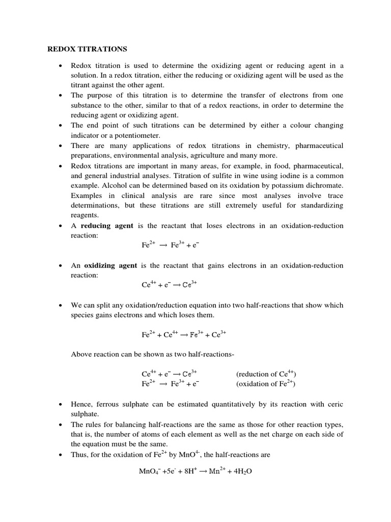 Redox Titrations Pdf Titration Chemistry