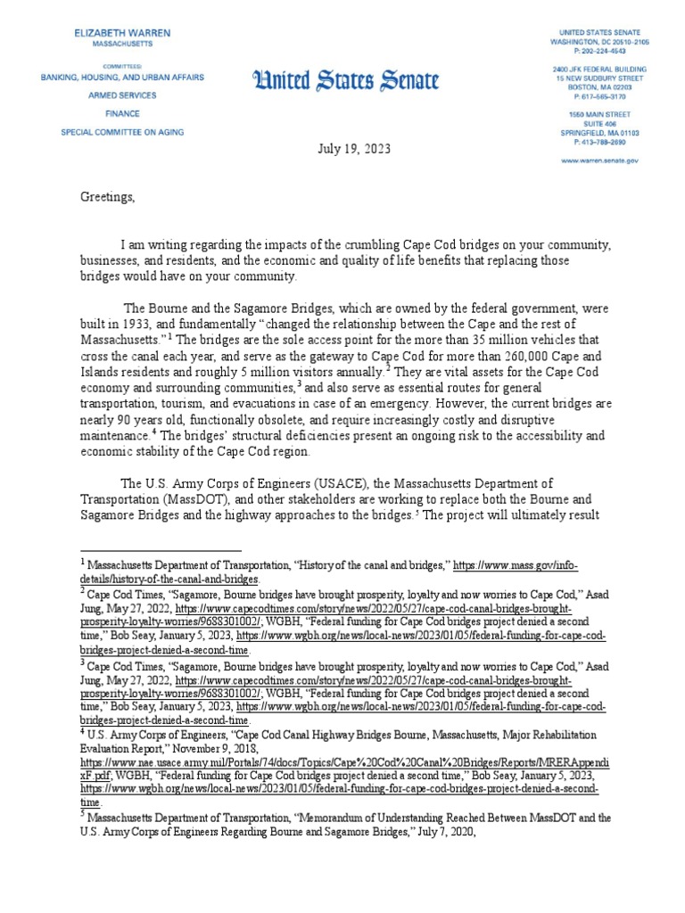 Elizabeth Warren's Letter On The Cape Cod Bridges | PDF | Cape Cod ...