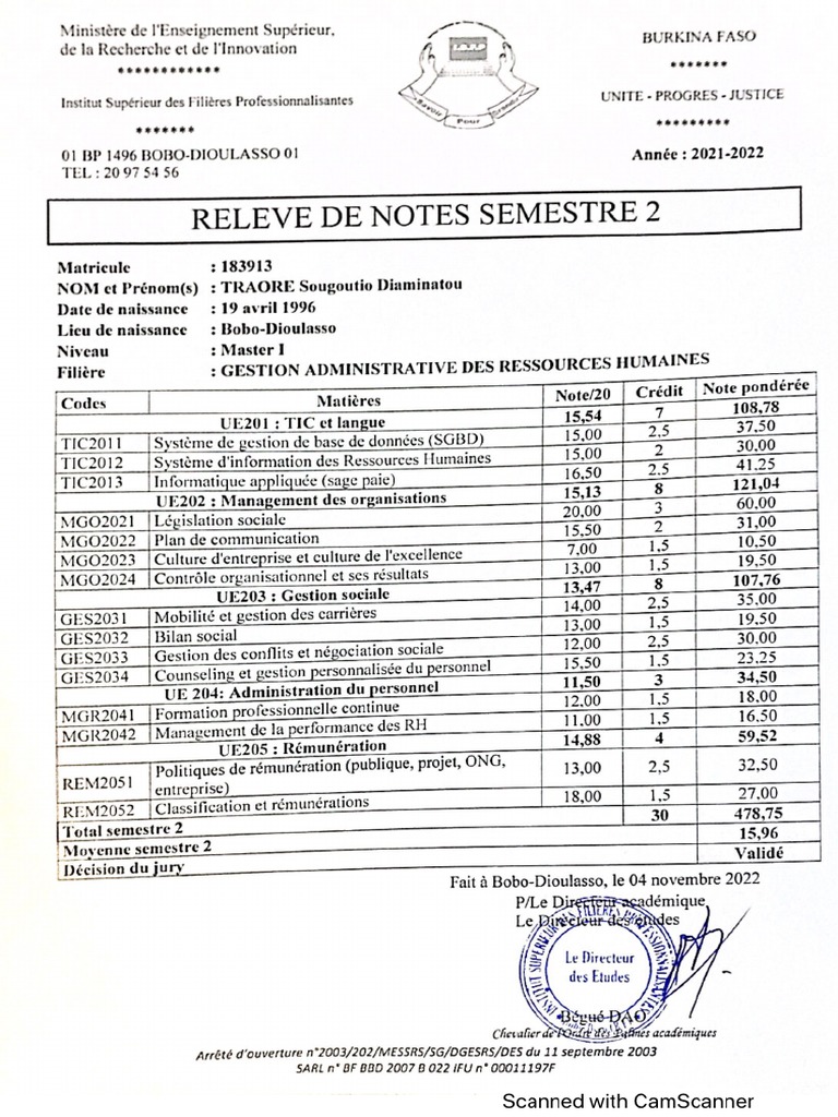 Relevé de note semestre 2 M1 | PDF