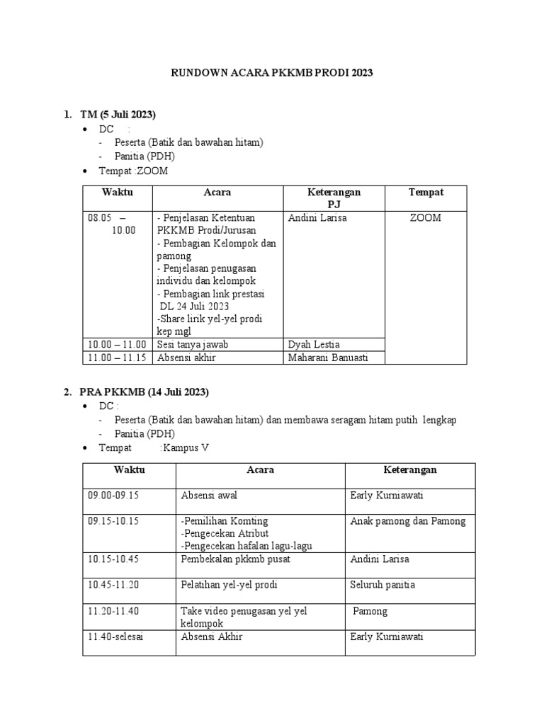 Rundown Acara PKKMB Prodi 2023 | PDF