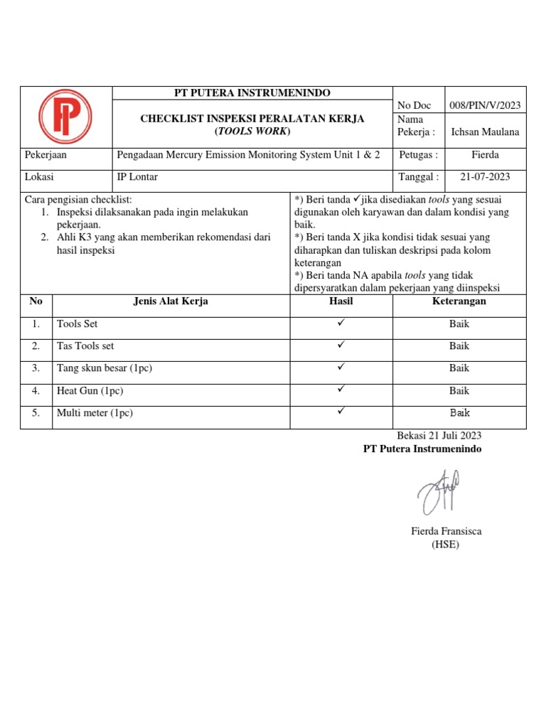 Checklist Inspeksi Peralatan Kerja | PDF