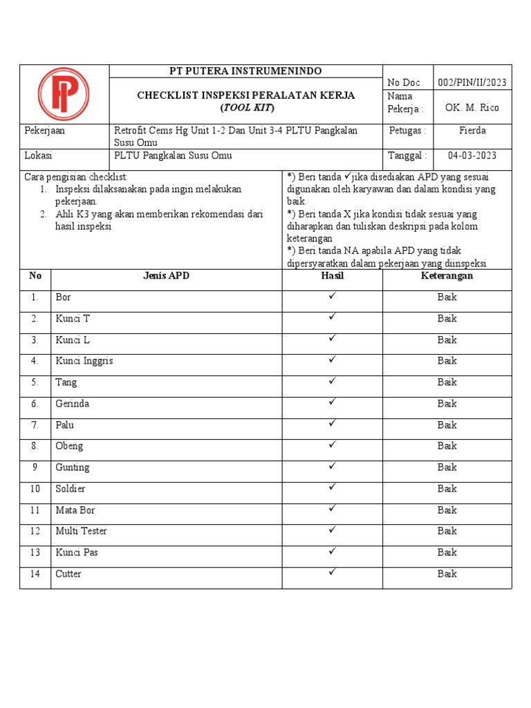 Checklist Peralatan Kerja | PDF